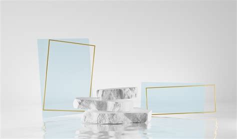 추상적인 파란색 기하학적 인물과 황금 사각형 프레임으로 3d 스톤 스텝 연단 물에 떠있는 받침대 미용 화장품 디스플레이 3d 렌더 일러스트레이션을 위한 천연 러프 화이트 록