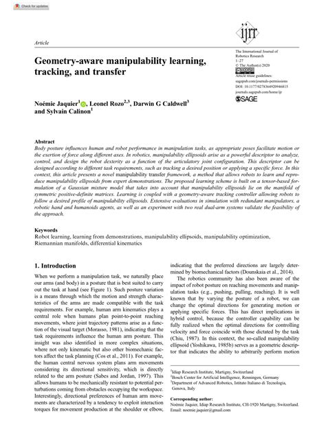 Pdf Geometry Aware Manipulability Learning Tracking And Transfer