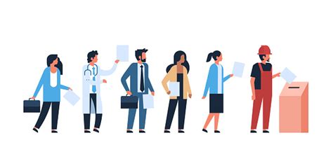 선거 일 개념 다른 직업 유권자 투표 장소에서 투표용지를 주 물 하는 것은 혼합 종족 사람들은 종이 투표 지를 상자 전체 길이 평면 수평으로 퍼 팅 여자에 대한 스톡 벡터