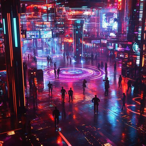 A Futuristic Neon Lit Nightclub With Glowing Dance Floor Stock