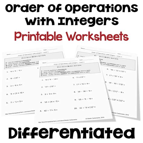 Order Of Operations With Integers Worksheets Differentiated Etsy