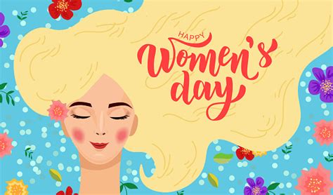 행복 한 여성의 날 손 귀여운 아름 다운 소녀와 꽃의 초상화와 레터링 3 월 8 일에 휴가 대 한 좋은입니다 International Womens Day에 대한 스톡 벡터