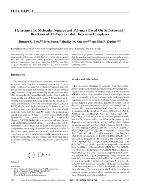 Pdf Heterometallic Molecular Squares And Polymers Based On Self‐assembly Reactions Of Multiply