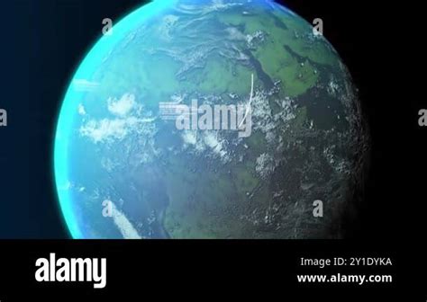 Earth From Space With Data Processing Animation Over Continents Planet Globe Satellite