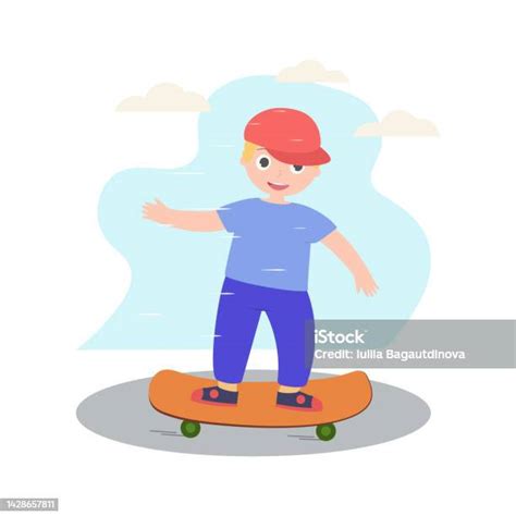 스케이트보드를 타고 빨간 모자를 쓴 소년 하늘과 구름의 배경으로 벡터 일러스트레이션 거리에 대한 스톡 벡터 아트 및 기타 이미지 거리 건강한 생활방식 걷기 Istock
