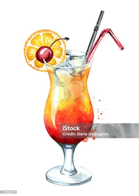 체리 오렌지와 얼음 조각으로 칵테일 데 킬 라 일출 흰색 배경에 고립 수채화 손으로 그린 그림 0명에 대한 스톡 벡터 아트 및 기타 이미지 Istock