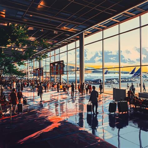 Llustration Of A Bustling Scene At A Gate In Modern Airport Premium