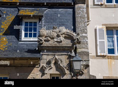 Ornate Stone Carvings On A House In The Old Quarter Of Roscoff