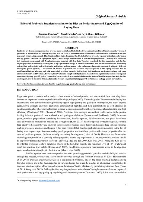 Pdf Effect Of Probiotic Supplementation To The Diet On Performance And Egg Quality Of Laying Hens