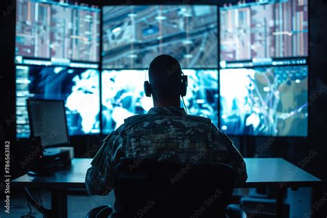 A Focused Military Surveillance Officer Monitoring Screens Of Data In A High Tech Command Center