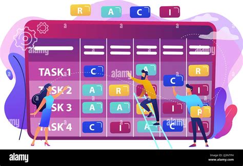 Tiny Business People At Responsibility Chart With Tasks Raci Matrix Responsibility Assignment