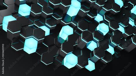 Black Geometric Hexagonal Abstract Background Surface Polygon Pattern With Blue Glowing