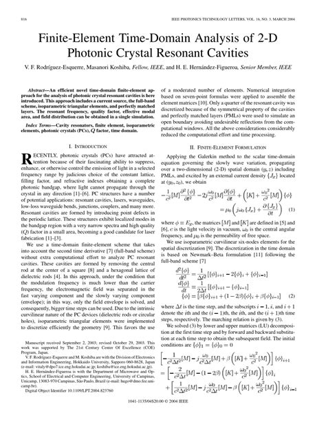 Pdf Finite Element Time Domain Analysis Of 2 D Photonic Crystal Resonant Cavities