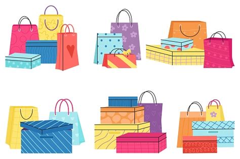 종이 상자와 가방이 쌓여 있습니다 신발 상자 컬렉션 공예 상점 브랜딩 선물 및 구매 골판지 종이 장식 패키지 괜찮은 벡터 세트