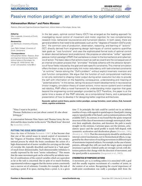 Pdf Passive Motion Paradigm An Alternative To Optimal Control