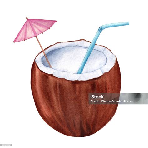 열대 코코넛 칵테일 흰색 배경에 고립 된 수채화 손으로 그린 그림 물감 방울에 대한 스톡 벡터 아트 및 기타 이미지 물감