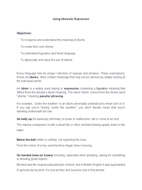 Using Idiomatic Expression Pdf Idiom English Language