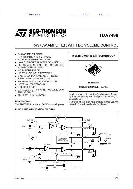 Tda7496 Datasheetpdf文件下载芯片资料查询维库电子市场网