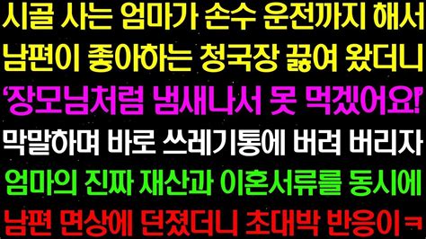 실화사연 시골 사는 엄마가 남편이 좋아하는 청국장까지 끓여 왔더니 장모님처럼 냄새나서 못 먹겠어요 하며 남편이 바로 쓰레기통에 버리는데라디오사연 썰사연사이다사연