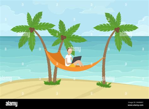 freelancer sitting in hammock under coconut palms and working on laptop vector illustration