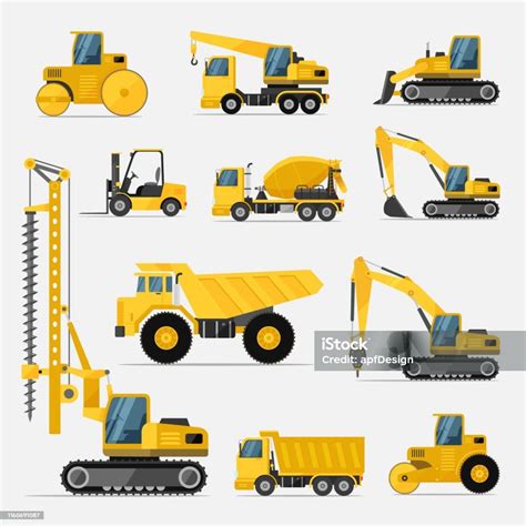 노란색건설장비 세트 건물 작업을 위한 특수 기계 개념에 대한 스톡 벡터 아트 및 기타 이미지 개념 개념과 주제 개발