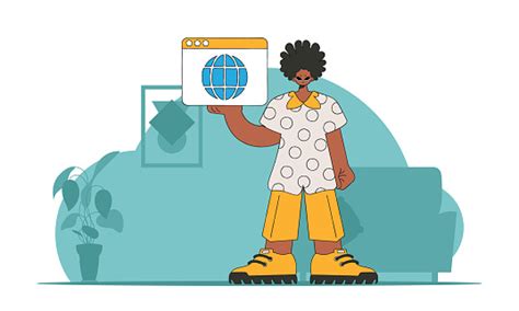 웹 브라우저를 사용 하는 남자의 밝고 세련된 그림입니다 밝은 트렌드 캐릭터 프로젝트에 현대적이고 기술적인 느낌을 더하는 데 적합합니다 10월에 대한 스톡 벡터 아트 및 기타