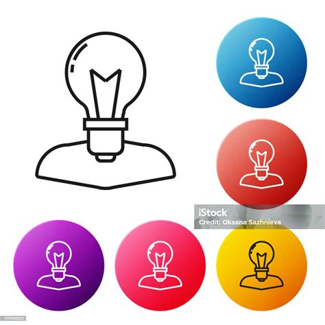 흰색 배경에 격리 램프 전구 아이콘 검은 선 인간의 머리 아이콘 다채로운 원 버튼을 설정합니다 벡터 일러스트레이션 개념에 대한 스톡 벡터 아트 및 기타 이미지 Istock