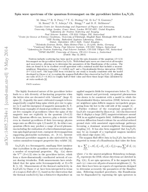 Pdf Spin Wave Spectrum Of The Quantum Ferromagnet On The Pyrochlore Lattice Lu2v2o7 Manh Le