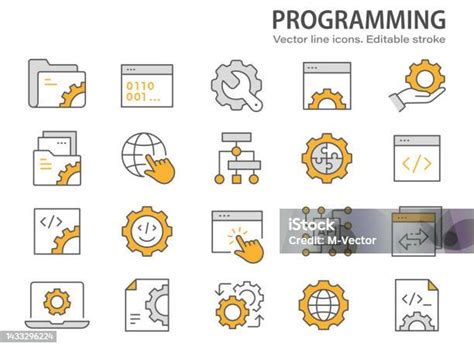 ไอคอนสายการเขียนโปรแกรม ชุดของคอมพิวเตอร์ การเข้ารหัส Dev พัฒนาและอื่น ๆ จังหวะที่แก้ไขได้