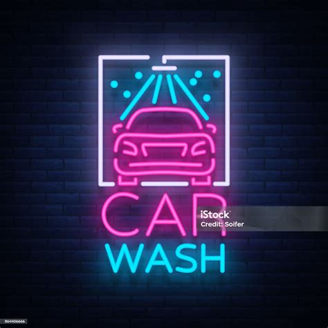 네온 스타일 벡터 일러스트 레이 션에 세차 로고 디자인의 상징 템플릿 개념 자동차 세척의 테마에 빛나는 로그인 세차장에 대한