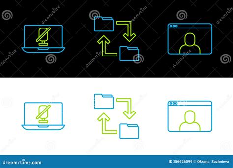 Set Line Video Chat Conference Mute Microphone Laptop And Cloud Storage Document Folder Icon