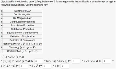 2 Points For The Following Proof Of Equivalence Of 2 Formulae Provide The Justifications At Each
