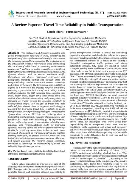 A Review Paper On Travel Time Reliability In Public Transportation Pdf