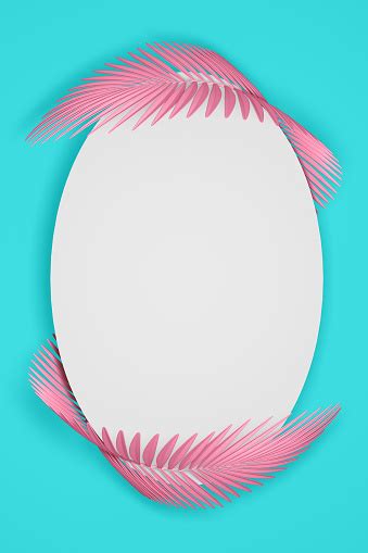 두 둥근 푹신한 야자수 잎으로 둘러싸인 타원형 프레임의 추상적 인 파스텔 핑크와 블루 현대적인 배경 3d 일러스트레이션3d