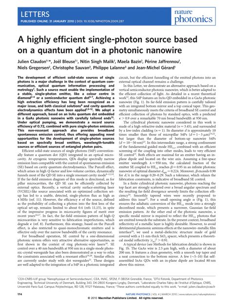 Pdf A Highly Efficient Single Photon Source Based On A Quantum Dot In A Photonic Wire