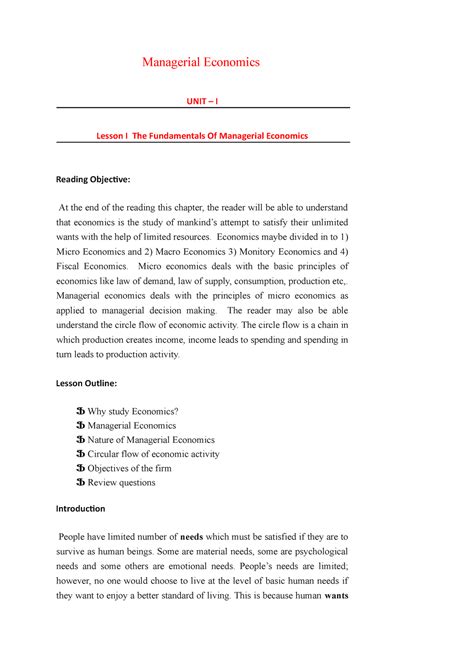 Econ 601 L1 Managerial Economics Coursework Lecture Notes And