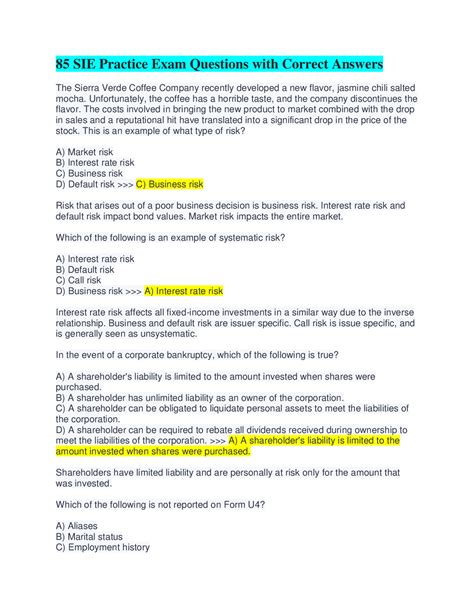 85 Sie Practice Exam Questions With Correct Answers Practice Exam Business Risk Market Risk