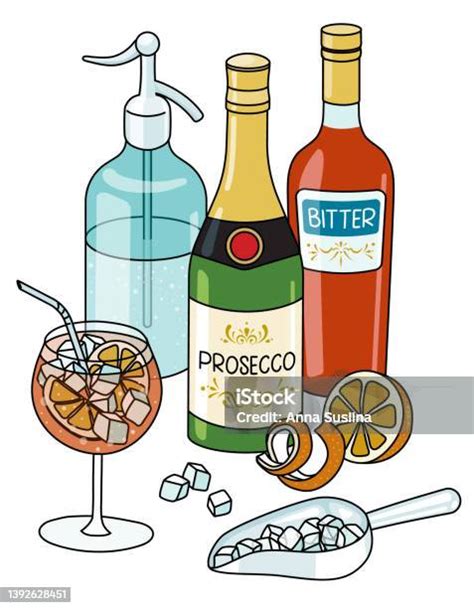 낙서 만화 베네치아 스프리츠 칵테일과 재료 구성 이탈리아 붉은 쓴 맛과 프로 세코 소다 물 사이펀 오렌지 과일과 얼음 특종의 병