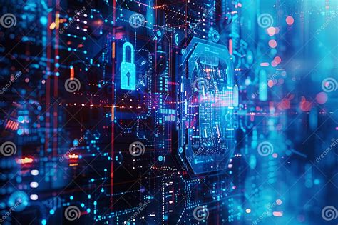 a digital illustration depicting a futuristic cybersecurity system with ai algorithms protecting
