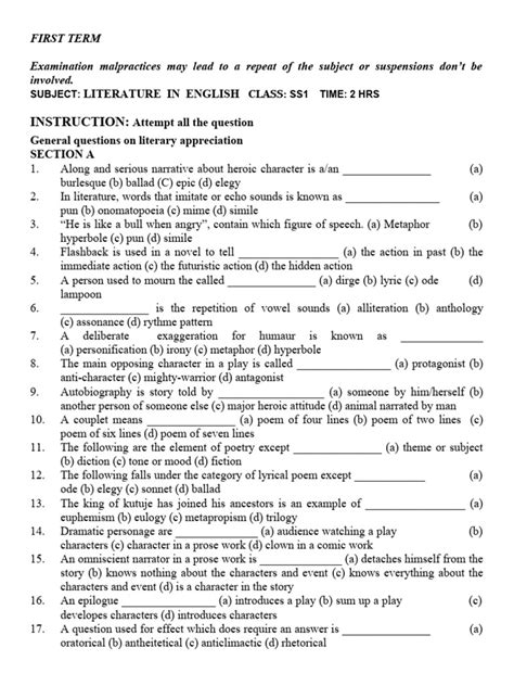 Ss 1 First Term Literature Pdf Poetry