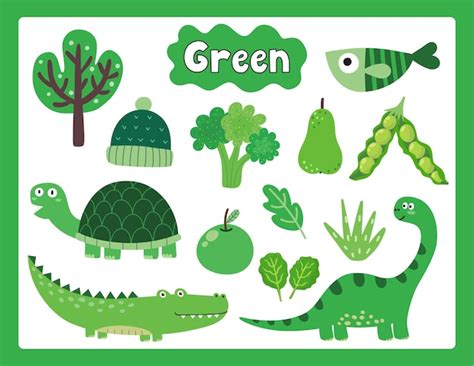 Premium Vector Set Of Green Color Objects Primary Colors Flashcard