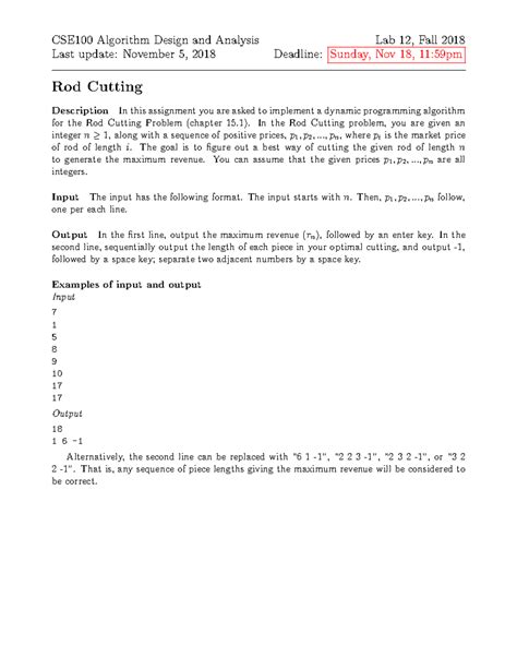 Lab12 Dynamic Programming Rod Cutting Cse100 Algorithm Design And