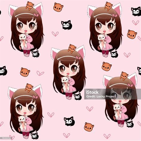재미 있는 고양이 완벽 한 패턴으로 애니메이션 스타일의 귀여운 만화 소녀 벡터 일러스트 레이 션 Chibi 소녀 어린이 티셔츠 인쇄 핑크 배경에 만화 스타일에 대한 스톡