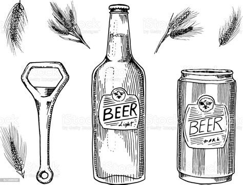 맥주 유리 찻잔 또는 옥 토 버 페스트의 병입니다 밀 또는 맥 아 웹 또는 메뉴에 대 한 오래 된 스케치와 빈티지 스타일에 그려진 잉크에에서 새겨져 있다 흰색 배경에 고립