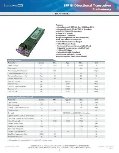 Sfp Bi Directional Transceiver Preliminary Source Photonics