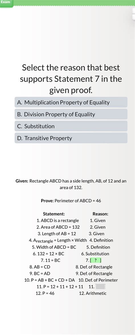 Exam Select The Reason That Best Supports Statement 7 In The Given Proof A Multiplication