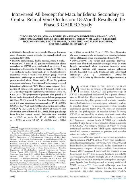 Pdf Intravitreal Aflibercept Injection For Macular Edema Secondary To Central Retinal Vein