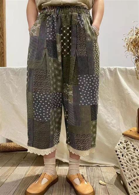 Organic Blue Pockets Print Cotton Pants Spring Restyle Clothes