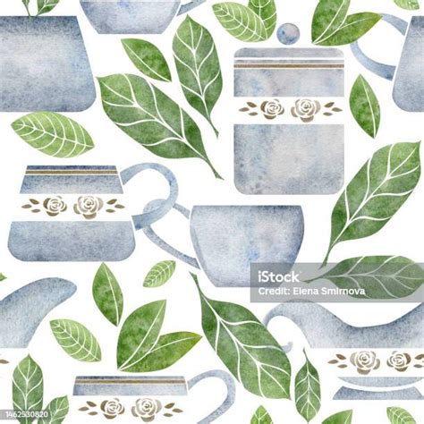 수채화 손으로 도자기와 금색 커피 컵 나뭇잎 크리머 항아리 데이지로 매끄러운 패턴을 그렸습니다 흰색 배경에 격리 초대장 카페 레스토랑 음식 메뉴 인쇄 웹 사이트 카드