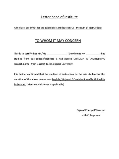 Format For The Language Certificate Moi Medium Of Instruction